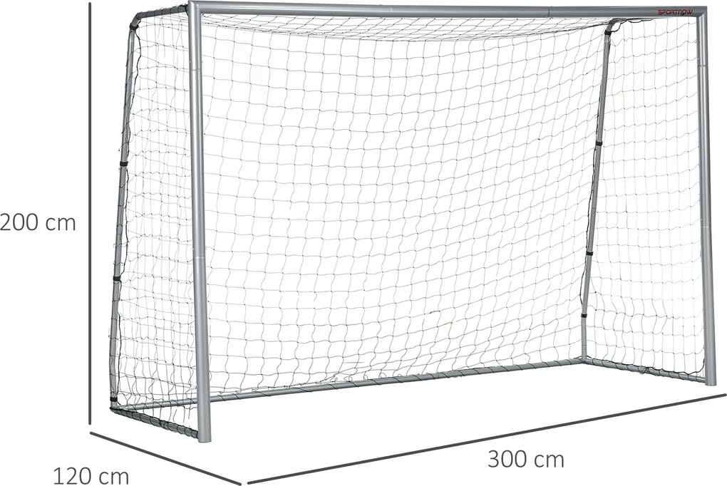 HOMCOM Fotbalová branka s PE sítí, fotbalová branka pro děti i dospělé, 300 x 120 x 200 cm, ocel, PE, na zahradu, na fotbalový trénink, šedá | Aosom