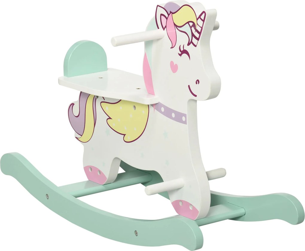 AIYAPLAY Houpací kůň pro děti 1-3 roky s madly, houpací kůň s opěrkou a pedály z MDF, 68cm x 27cm x 47.5cm, Modrá Růžová Bílá | Aosom
