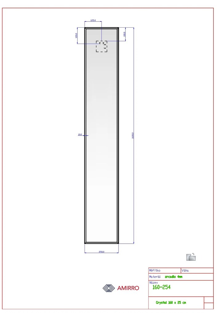 Zrcadlo na zeď do pokoje do ložnice do předsíně a na chodbu do koupelny CRYSTAL 25 x 160 cm s fazetou 10 mm 160-254