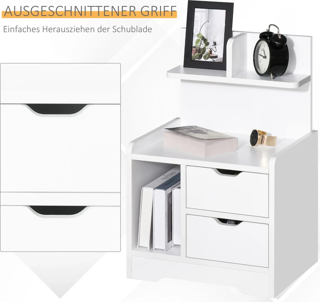 HOMCOM Moderní noční stolek s 2 šuplíky a 3 úložnými prostory pro obývací pokoj a ložnici, nosnost 30 kg, 40x30x60 cm, bílý