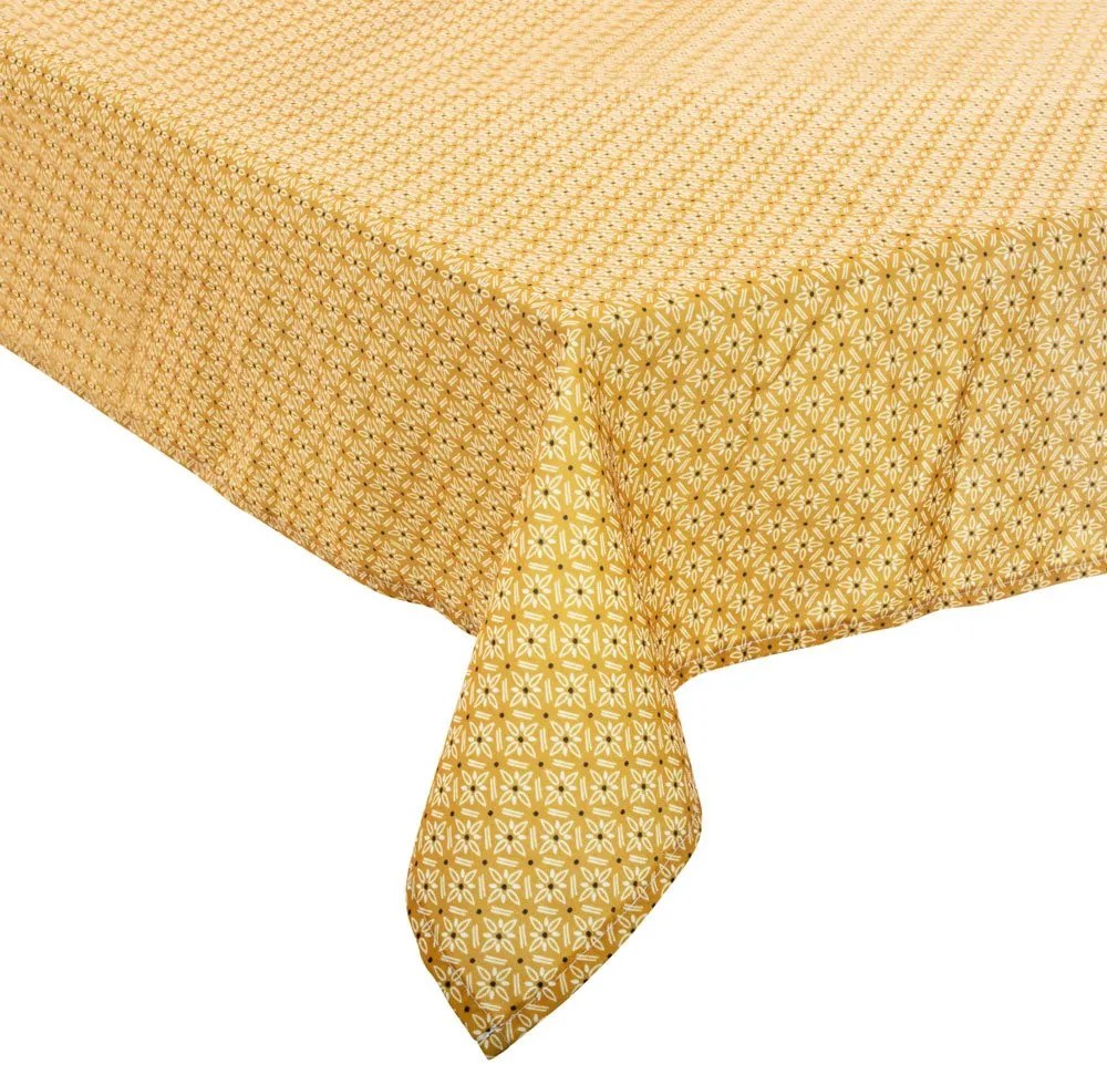 Ubrus žluté barvy o rozměrech 140 x 240 cm, vyrobený z polyesteru, ozdoba každého stolu