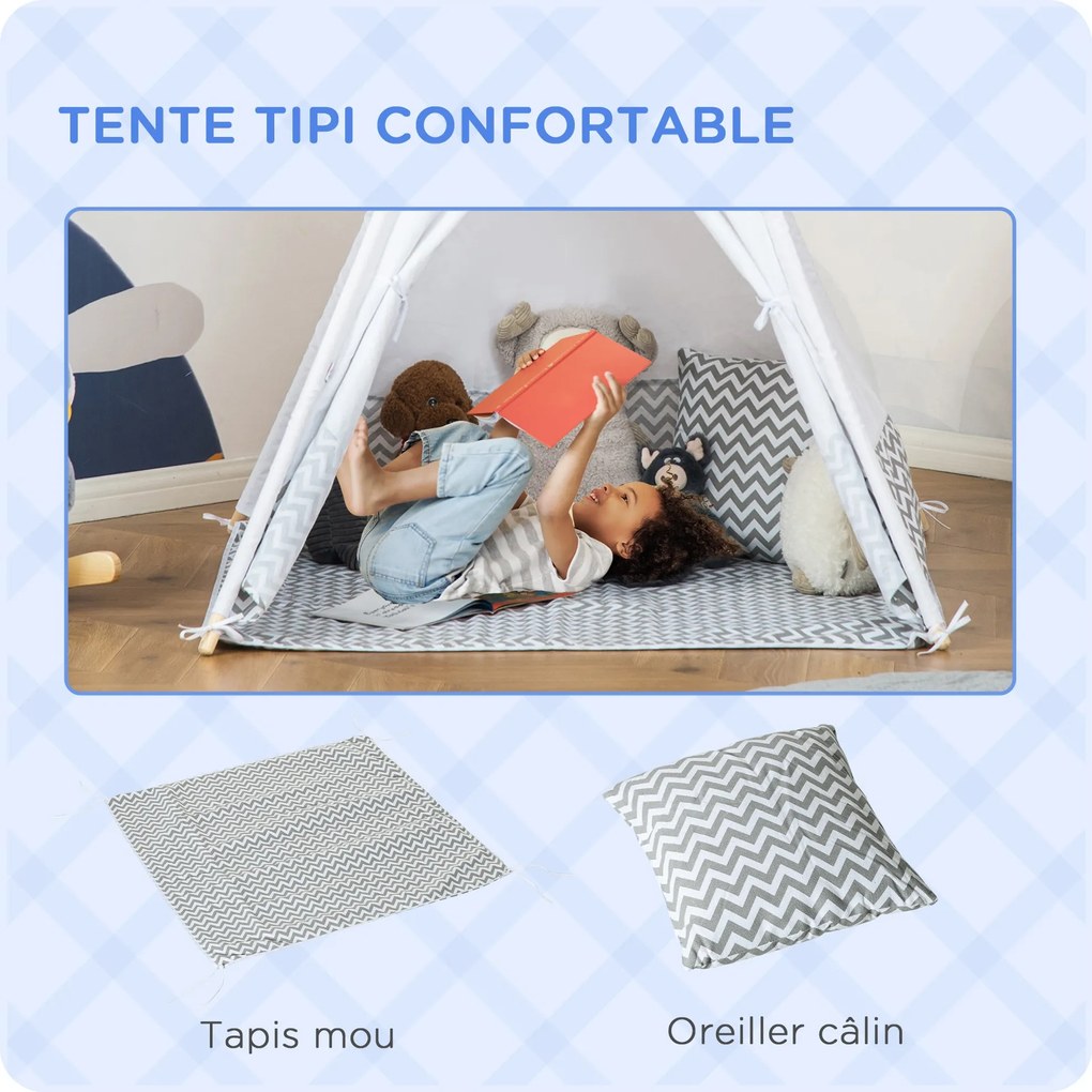 HOMCOM Dětský teepee stan Indický - dim. 1,2L x 1,2W x 1,55H m - Uzavíratelná dveřní okna, podložka, polštář a taška na nošení součástí balení - Inter