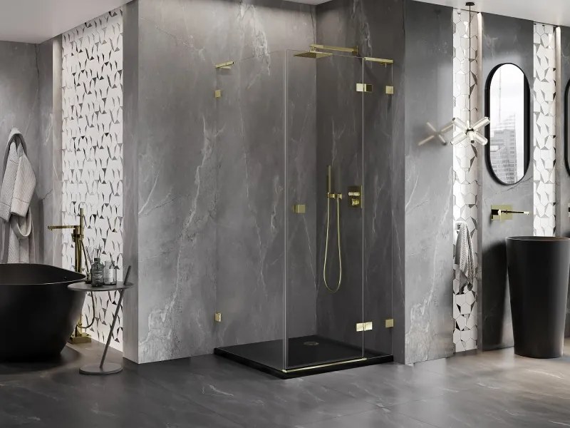 Mexen Lunar, L výklopný sprchový kout pravý 90 x 90 cm, 8mm čiré sklo, zlatý profil, 834L-090-090-50-00-P