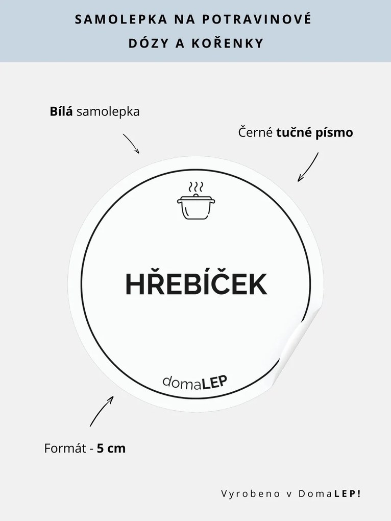 Samolepka na kořenky HŘEBÍČEK bílá 5 cm tučné písmo