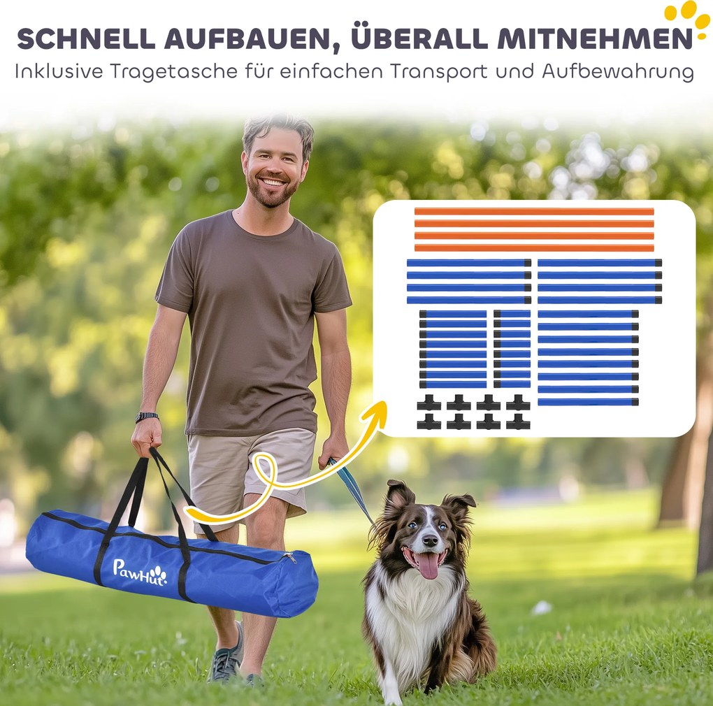 PawHut Agility set pro psy, 4dílné agility vybavení s překážkami, taška na přenášení Výškově nastavitelný tréninkový set pro malé psy