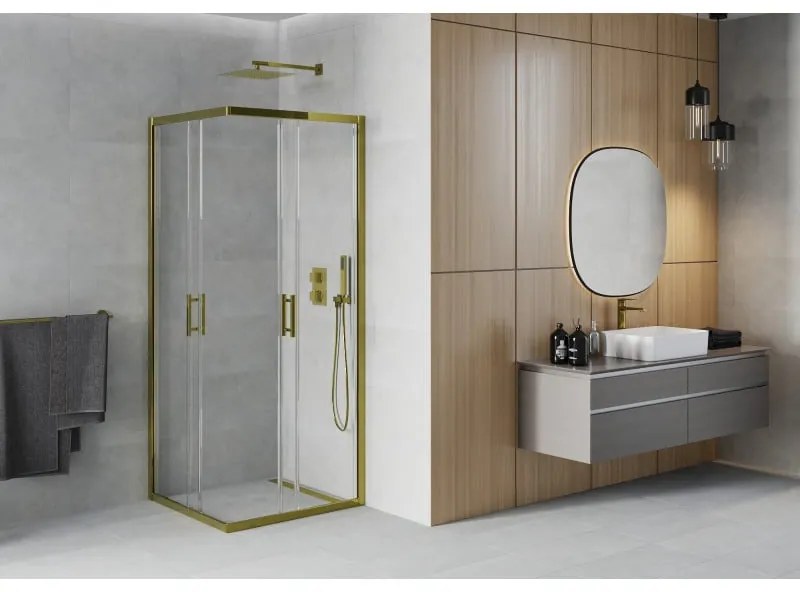 Mexen Rio, čtvercový sprchový kout s posuvnými dveřmi 70 (dveře) x 70 (dveře) x 190 cm, 5mm čiré sklo, zlatý profil, 860-070-070-50-00