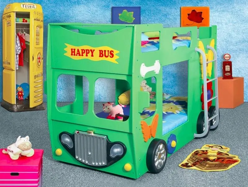 Dětská patrová postel Happy Bus zelený 190 x 90 cm