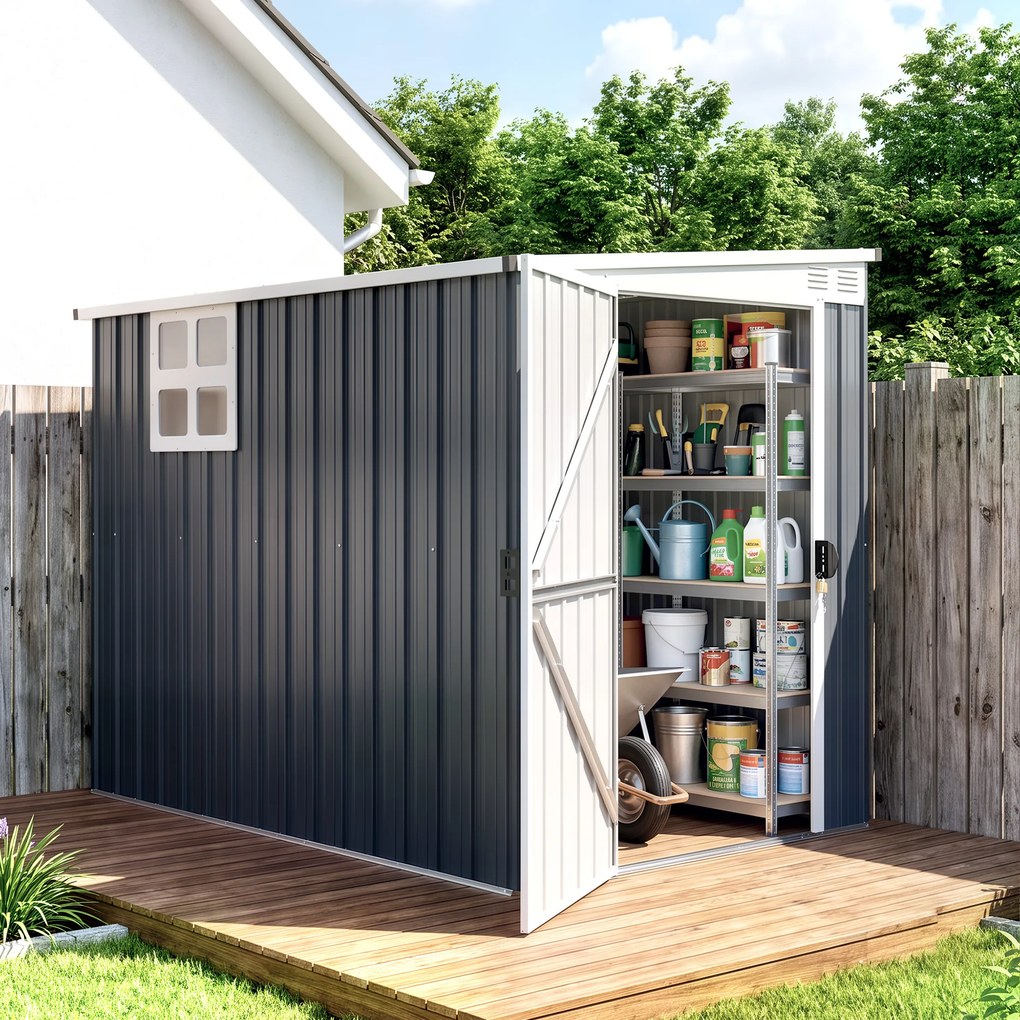 Outsunny Kovová Kůlna na Nářadí 2.7m² 128x231x181cm Se Šikmou Střechou, Okno, Zámek, Voděodolná Exteriérová Kůlna pro Zahradní Prostor Tmavě Šedá