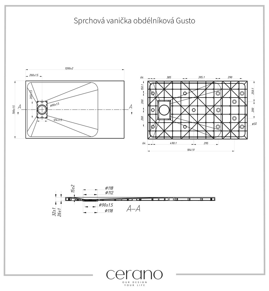 CERANO - Sprchová vanička obdélníková Gusto - černá matná - 120x70 cm