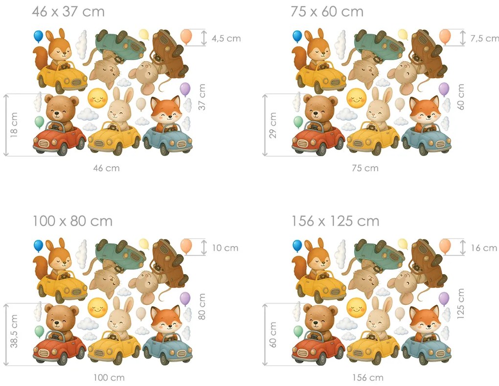 Auta a zvířátka samolepky na zeď arch 100 x 80 cm