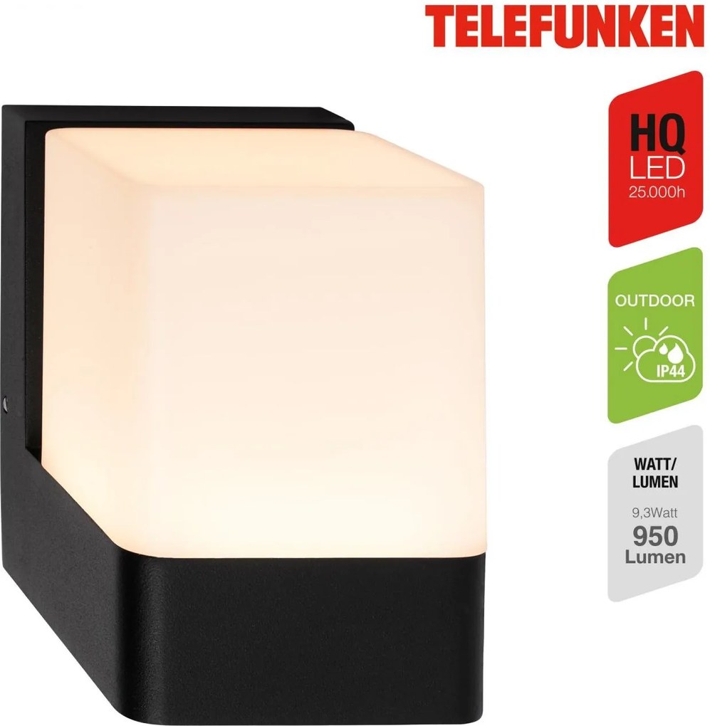 TF 322105TF TELEFUNKEN LED venkovní nástěnné svítidlo, ochrana proti stříkající vodě, kostka, teplá bílá, černá - BRILONER