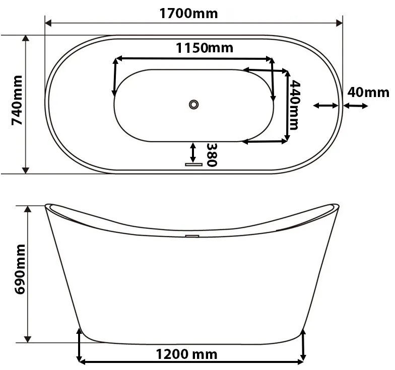 BPS-koupelny Volně stojící akrylátová vana HYD-RIC513C 170x75 bílá/černá, odtokový komplet černý