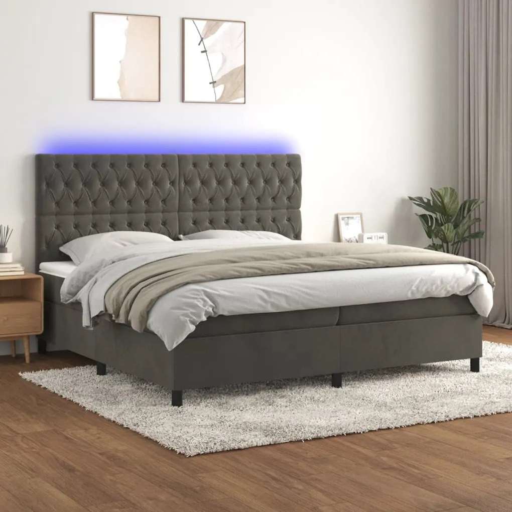 Box spring postel s matrací a LED tmavě šedá 200x200 cm samet 3136324