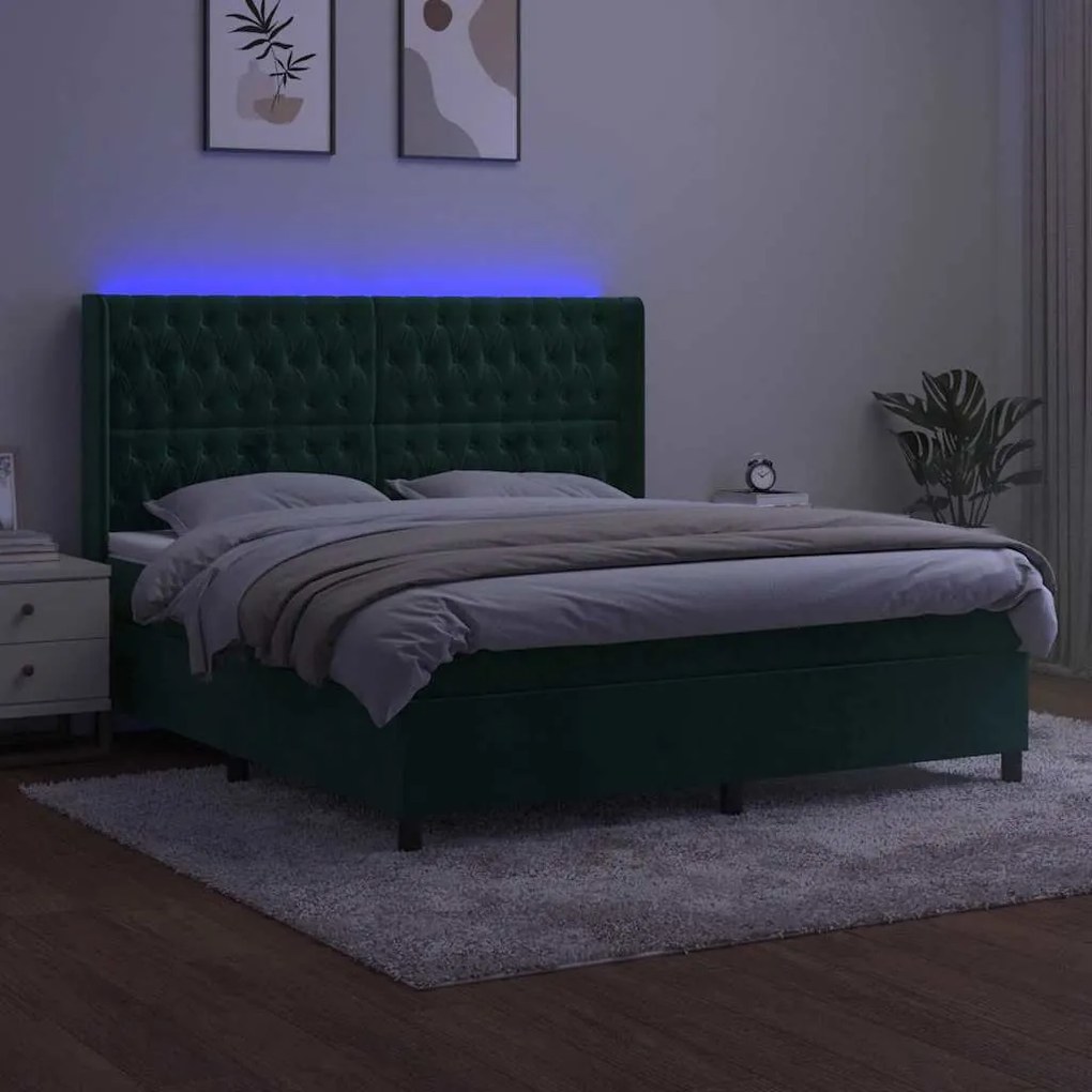 Box spring postel s matrací a LED tmavě zelená 180x200 cm samet 3139760