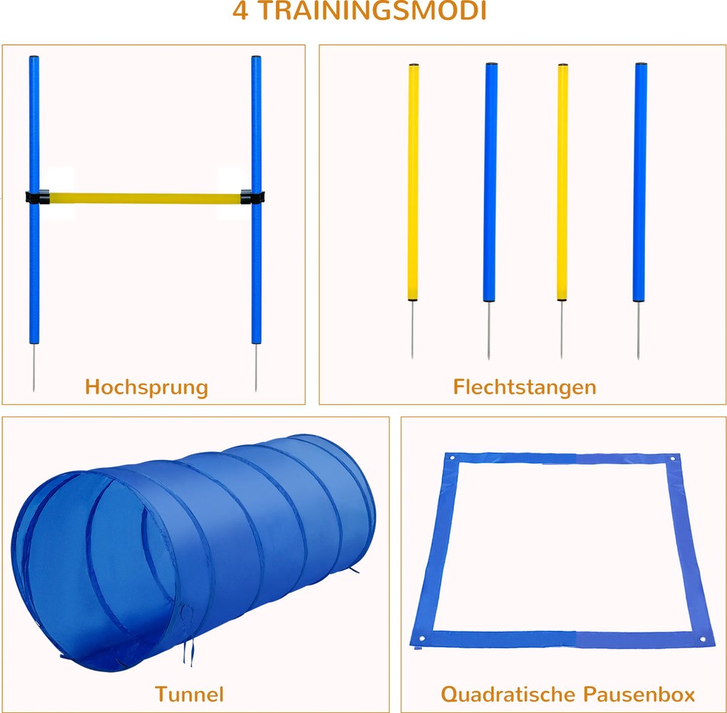 Výcvikový set PawHut pro agility psů s tunelem, slalomovými tyčemi, překážkami a startovním polem pro aktivní výcvik psů Modrá