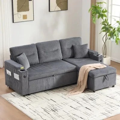 Aosom Moderní manšestrová pohovka pro tři osoby, s úložným prostorem, držákem na nápoje a USB-C konektorem, 212,5D x 136Š x 86V cm, karbonově šedá