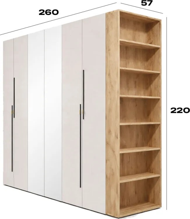 Skříň 6D 260 cm se zrcadlem dub appalačský / kašmír Space