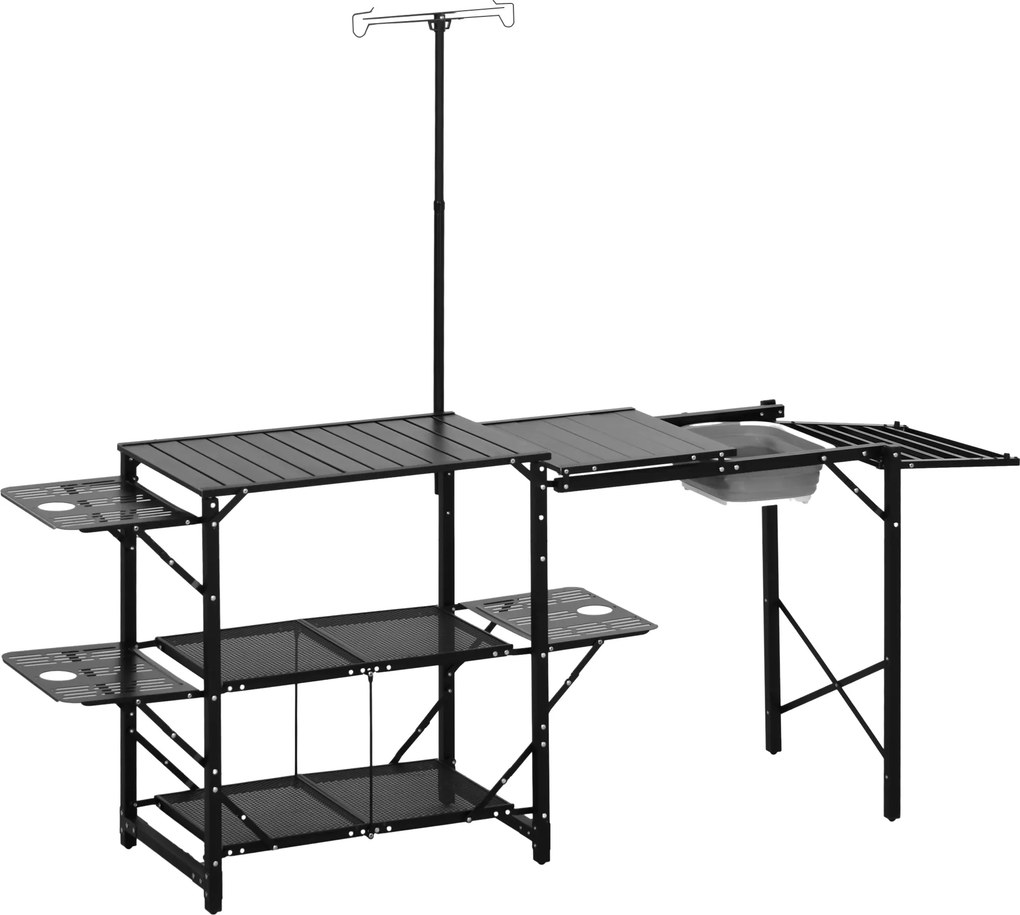 Outsunny 3-vrstvý skládací kempingový stůl s úložnými policemi, umyvadlem, stojanem na lampu a taškou pro venkovní použití 173x51x78-175 cm Černá | Ao