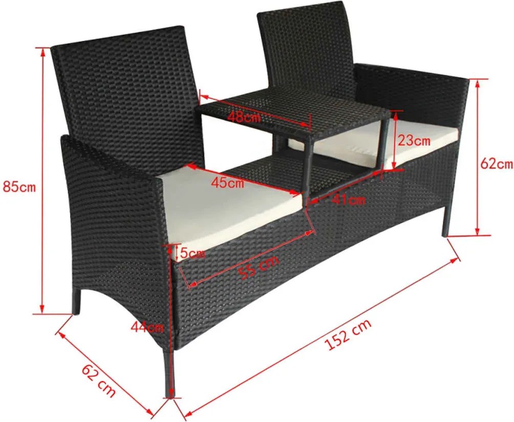vidaXL Marketos 2místná zahradní pohovka s čajovým stolkem polyratan černá