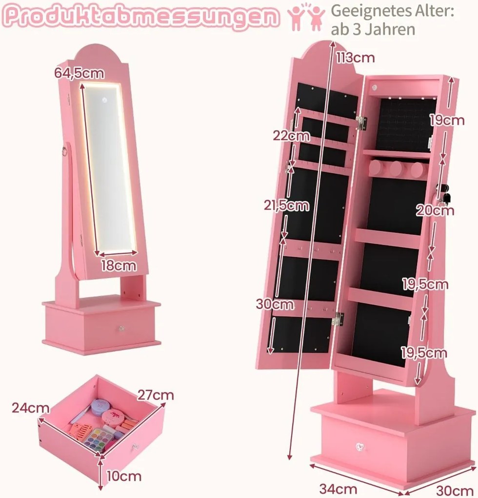 Costway Dětský toaletní stolek a šperkovnice s LED, růžová