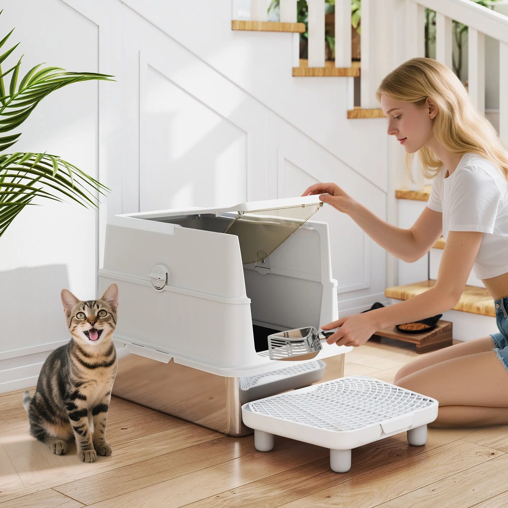 PawHut XL krytá kočičí toaleta z nerezové oceli s lopatkou a osvěžovačem – světle šedá