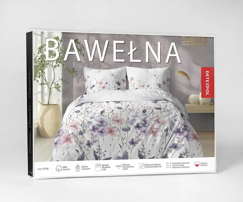Detexpol Bavlněné povlečení 220x200 bílé s růžovými a fialovými květy – 5773 B – Cotton Bloom