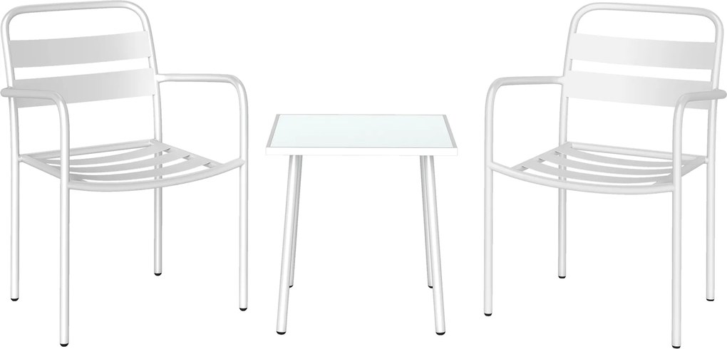 Bistro set 3dílná sada kovového zahradního nábytku se 2 zahradními židlemi, skleněný stůl, lamelový design, odolný proti korozi