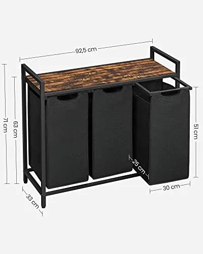 Koš na prádlo s policí BERGEN, 3x38l, černá/hnědá SongmicsHome