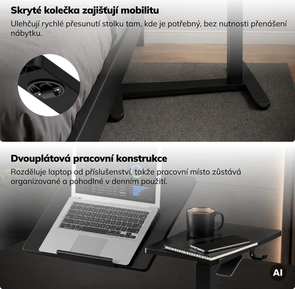 Stolek pod notebook nastavitelný, mobilní, multifunkční, černý: BILL