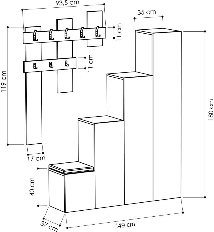 Set bílé patinové skříně a nástěnného věšáku Homitis Up