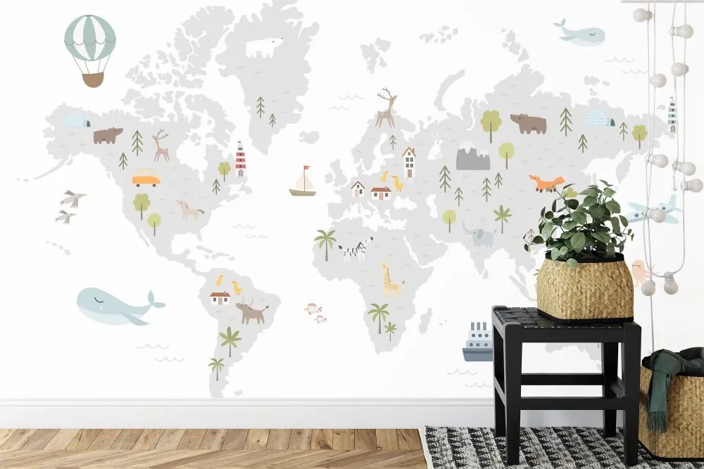 Fototapeta World Map With Cute Animals In Cartoon Style. Map For Nursery, Kids Room With Nature, Animals, Transports. Skandi Hladký vinyl 104x70.5