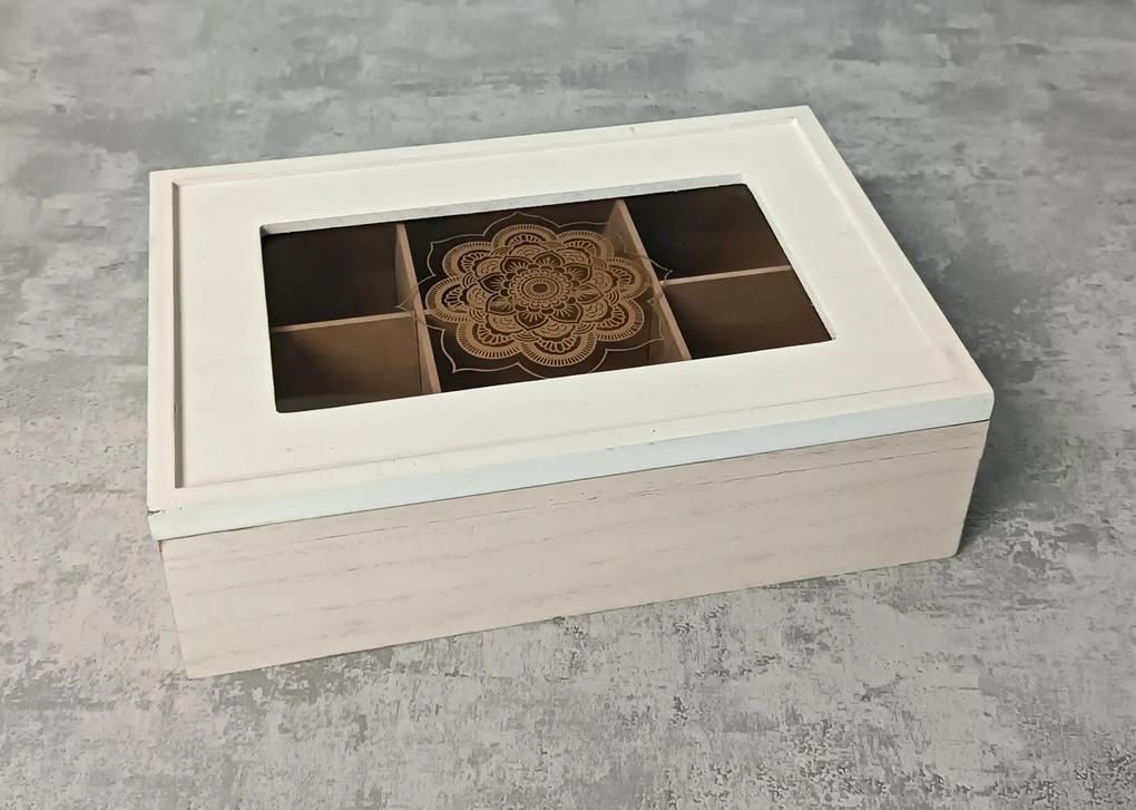 Dřevěná krabička na čaj s šesti přihrádkami - bílá - MANDALA