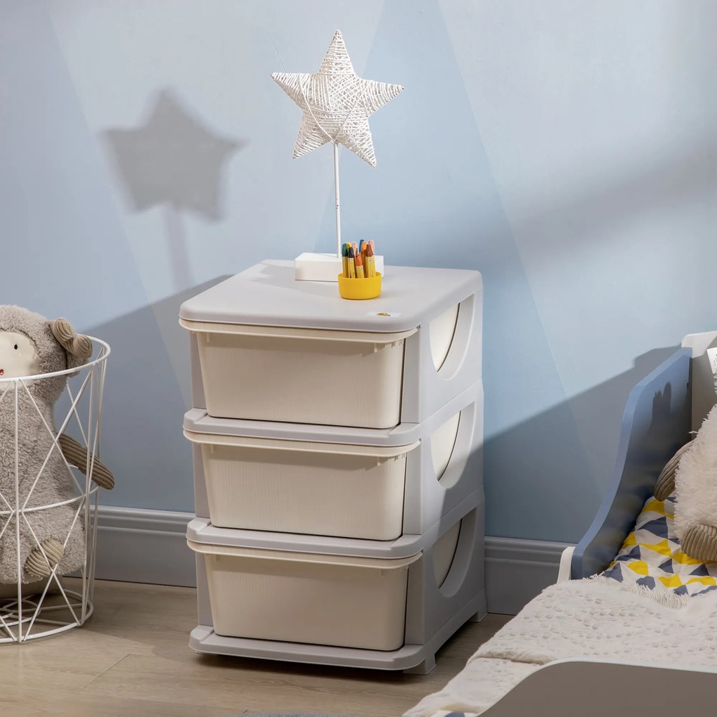 HOMCOM Úložné boxy pro děti, 3 velké zásuvky, oblé hrany, plast, 37x37x56,5 cm, krémově bílá