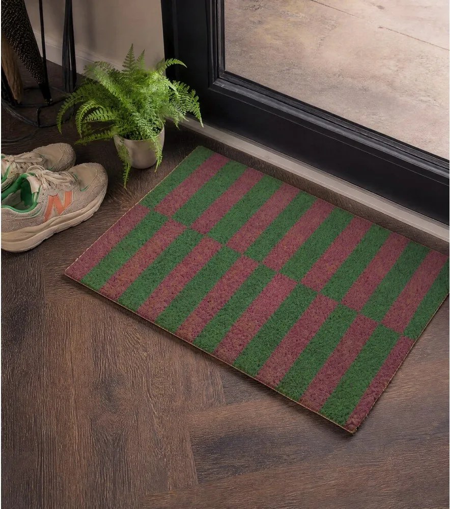 Rohožka z kokosového vlákna 40x60 cm Pink & Green Half Stripes – Artsy Doormats