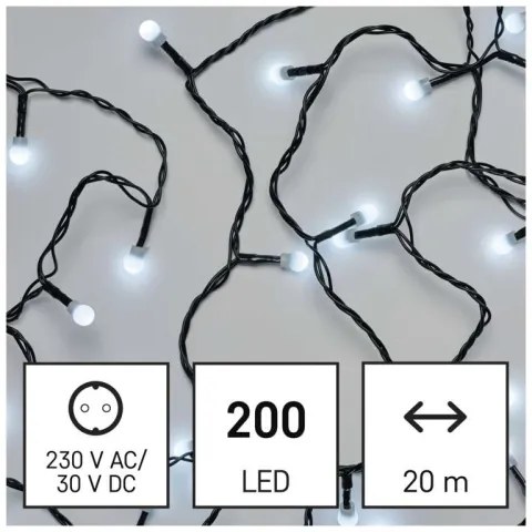 Vánoční osvětlení EMOS D5AC03 ZY0903T 200LED řetěz 20m kuličky studená bílá s časovačem