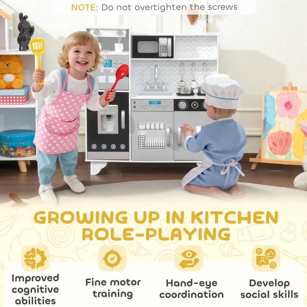 AIYAPLAY dřevěná dětská kuchyňka se zvuky a nerezovými doplňky, pro děti od 3 let, bílá