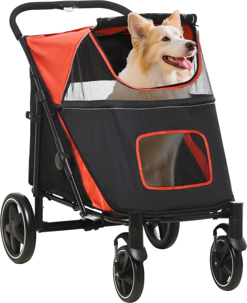 PawHut Vozík pro psy, Kočárek pro psa s polštářem, Skládací vozík pro psy, Kočárek pro kočky pro velké a střední psy, Vozík pro psy s síťovým okénkem,