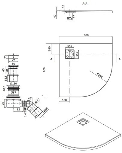 Cersanit Tako Slim, čtvrtkruhová sprchová vanička 80x80x4 cm + šedý sifon, šedá matná, S932-159