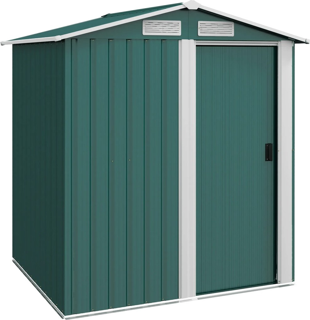Zahradní kůlna Outsunny 1,7 m² z pozinkované oceli se 4 větracími otvory, s šikmou střechou a posuvnými dveřmi, 152x132x188 cm, Zelená | Aosom