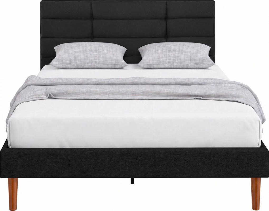 HOMCOM rám postele 140 x 200 cm s lamelovým roštem, polstrovaná manželská postel v lněném vzhledu, úložný prostor pod postelí, tišší, černý