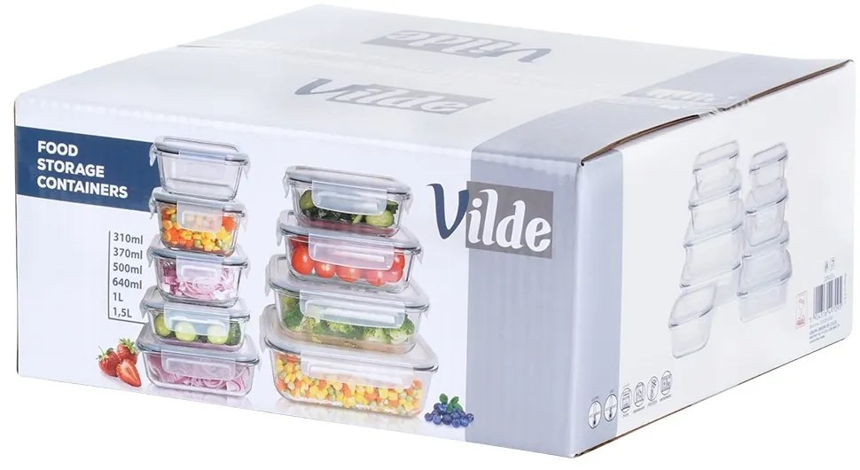 VILDE Sada 9 skleněných těsnících dóz, SKLO - krabičky na jídlo se 4 klipy