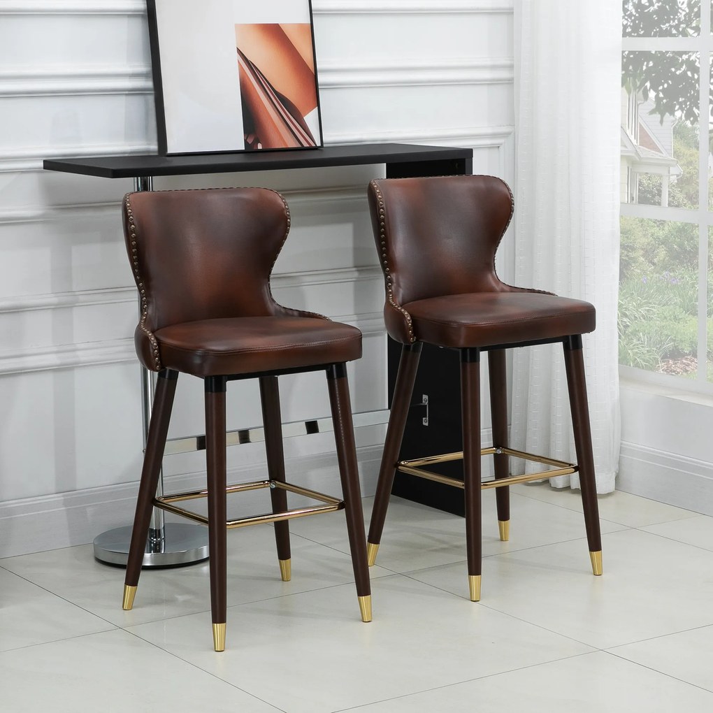 HOMCOM Barová židle sada 2 ks elegantní bistro židle s podnožkou a opěradlem, jídelní židle PU hnědá 52x53x101cm