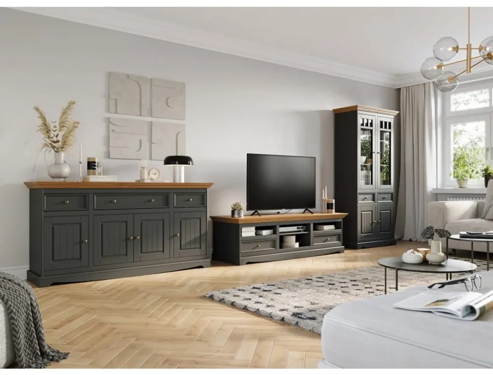 Massive home | Šedá komoda z masivu Belluno Elegante 4D3S s dubovou deskou