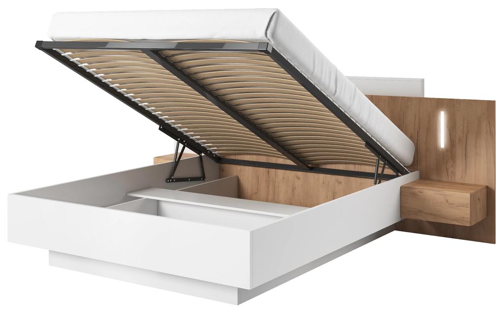 3D postel s osvětlením, Dub craft zlatý/matná bílá Zvolte možnost: rošt kovový rám, plynový píst