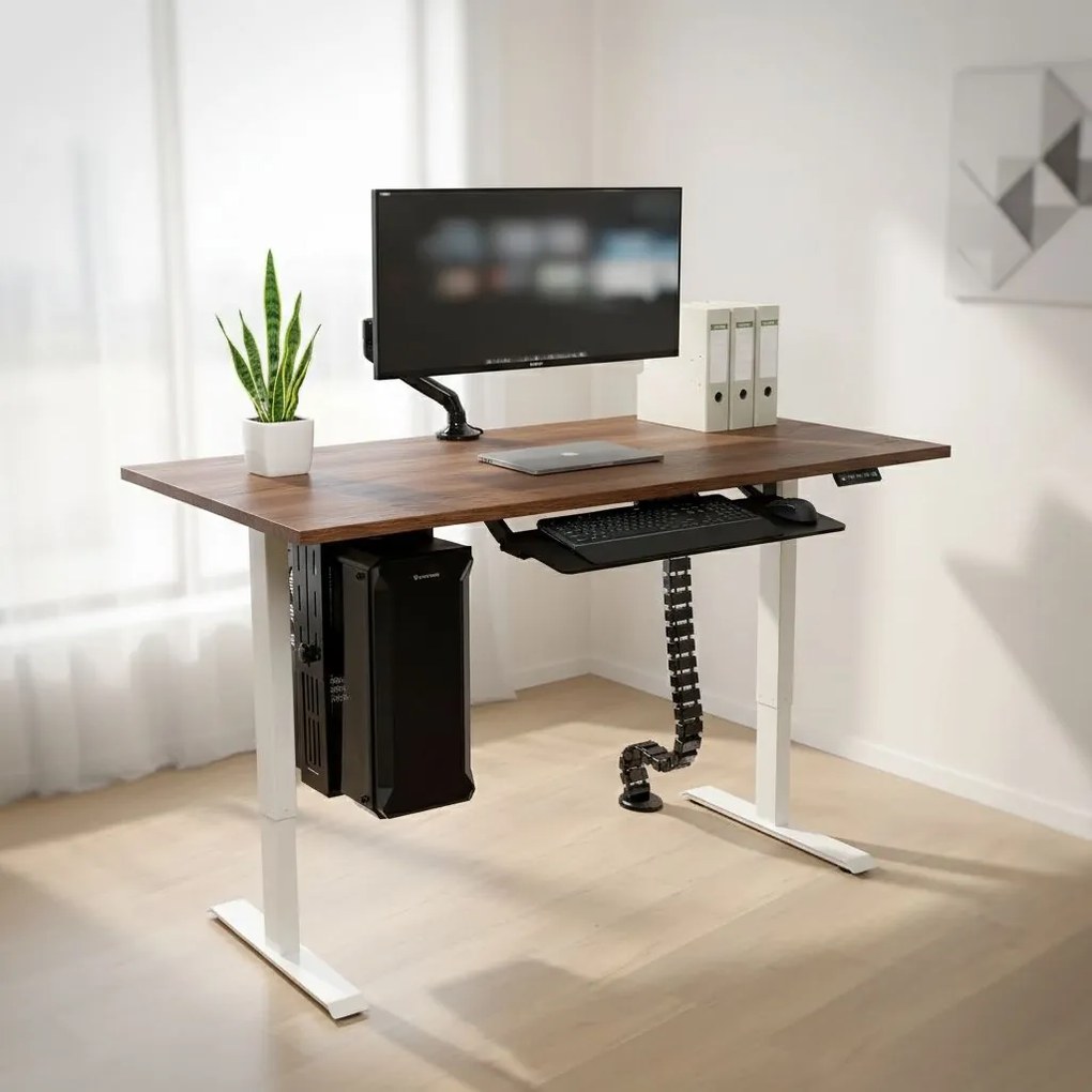 Výškově nastavitelný stůl OfficeTech D, 160 x 80 cm, bílá podnož, dub silverjack