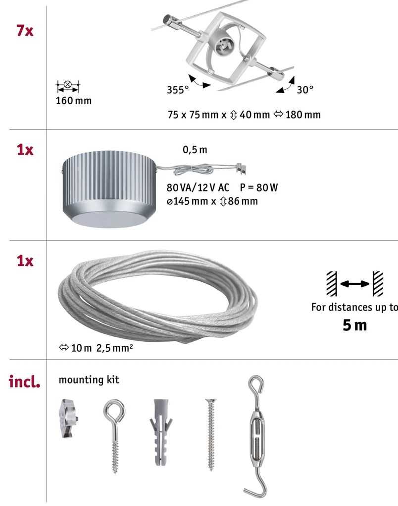 Paulmann 94152 Mac2, lankový systém, 7x max 10W LED 12V, matný chrom, 500cm