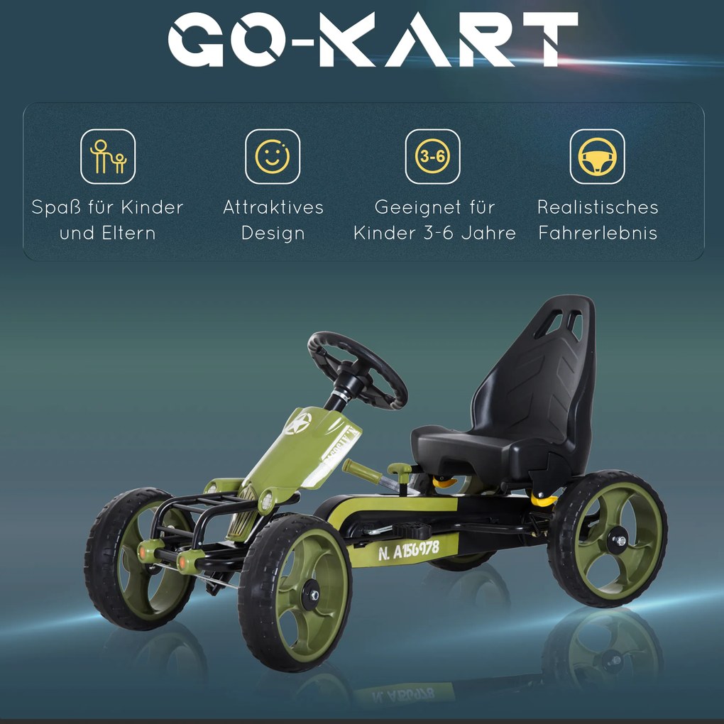 HOMCOM Motokára šlapací auto s ruční brzdou Nastavitelné sedadlo od 3 let Zelená 105 x 54 x 61 cm