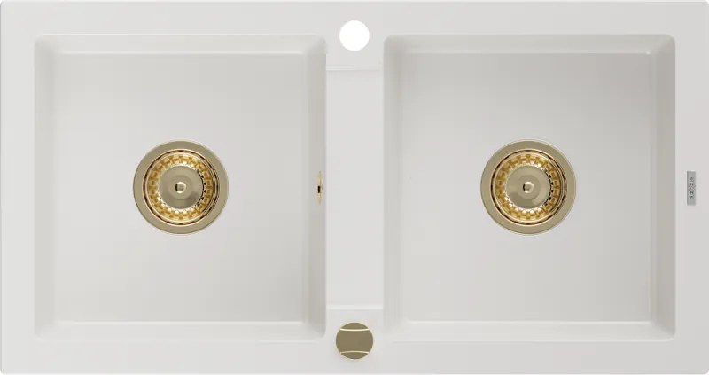 Mexen Mario, granitový dřez 820x436x161 mm, 2-komorový, bílá se zlatým sifonem, 6504822000-20-G