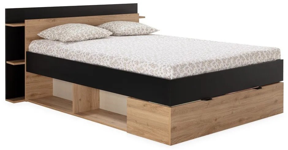 Dvoulůžková postel v dekoru dubu s úložným prostorem bez roštu v černo-přírodní barvě 160x200 cm Albo – Marckeric