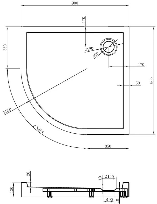 Mexen Flow+, čtvrtkruhová sprchová vanička 90 x 90 cm, černá matná, 46Q709090H